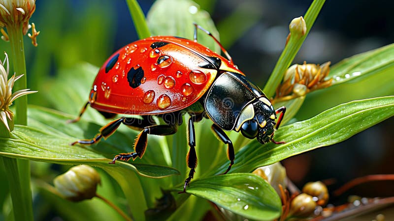 A Red and Black Ladybug is Sitting on a Green Leaf Stock Footage ...