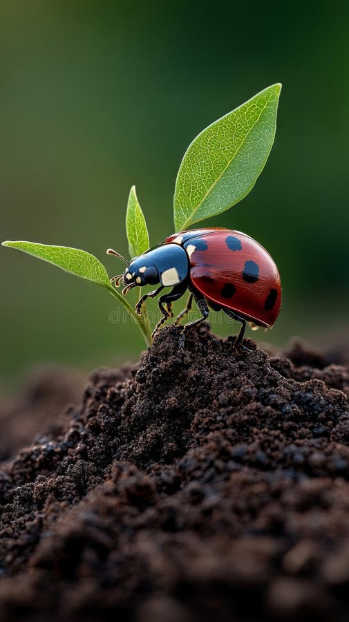 A Red and Black Ladybug Sitting on Top of a Green Leaf Stock Photo ...