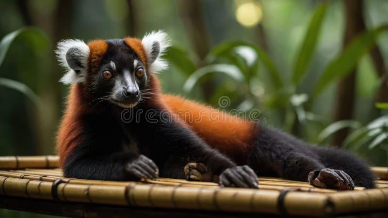 Relaxing Red Ruffed Lemur on Bamboo Stock Illustration - Illustration ...