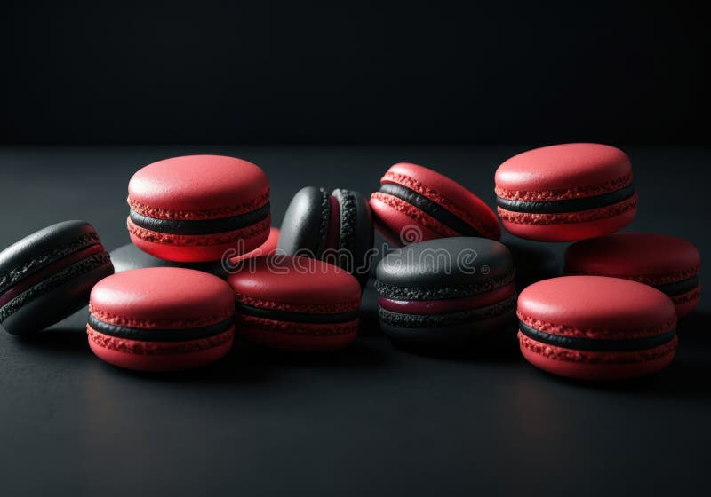 Red and Black Macarons Arranged Elegantly on a Dark Surface Stock Image ...