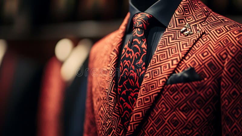 Red and Black Patterned Suit with Bold Tie and Pocket Square Stock ...