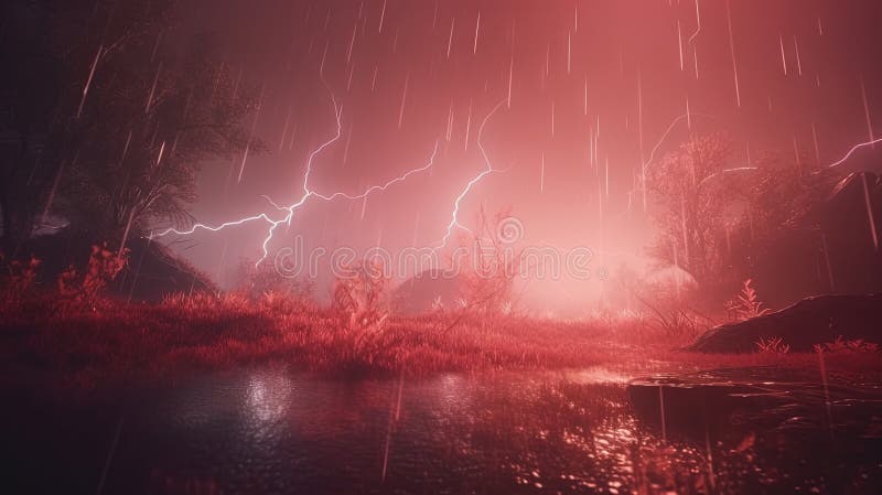 A Red and Black Photo of a Rain Storm with Lightning Stock Illustration ...