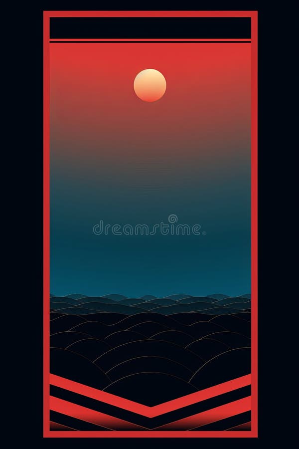 A Red and Black Poster with the Sun Setting Over the Ocean Stock ...