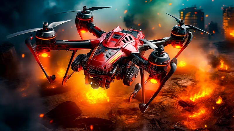 Red and Black Remote Controlled Helicopter Flying Over Fire Filled ...
