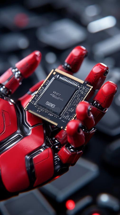 A Red and Black Robot Hand Holding a Computer Chip Stock Illustration ...