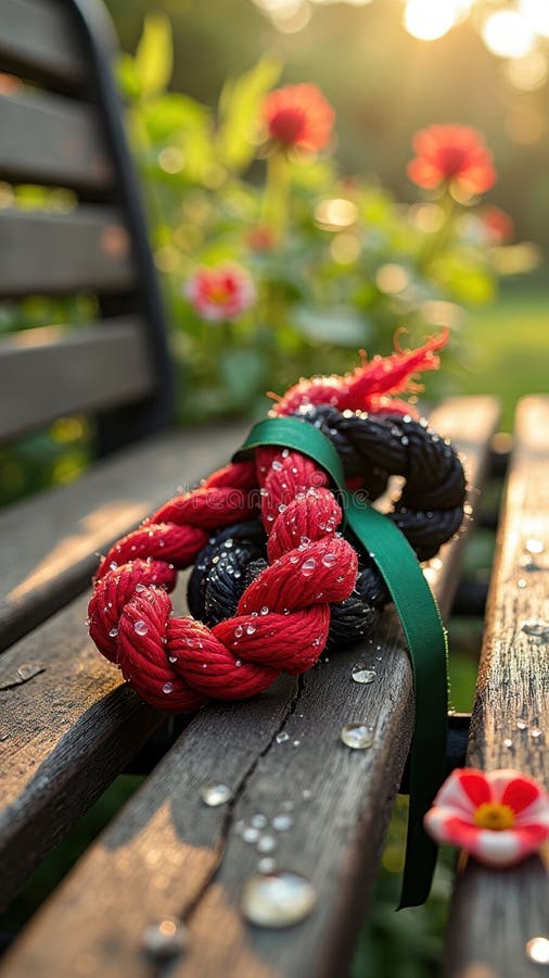 Red and Black Rope with Dew on Garden Bench Stock Photo - Image of ...
