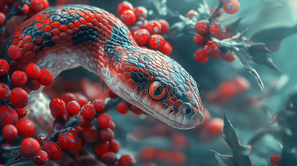 A Red and Black Snake is on a Branch with Berries Stock Illustration ...