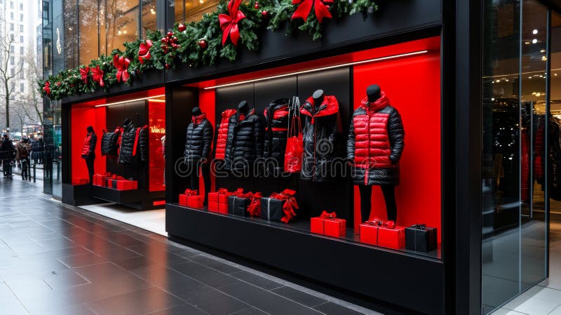 Red and Black Storefront Display with Winter Jackets and Christmas ...
