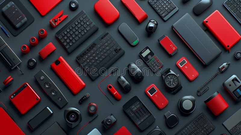 Red and Black Tech Gadgets and Accessories Display on a Dark Surface ...