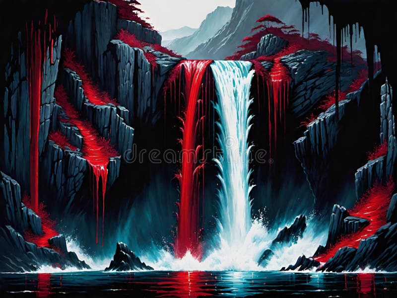 Red and Black Waterfall with Mountains Stock Illustration ...