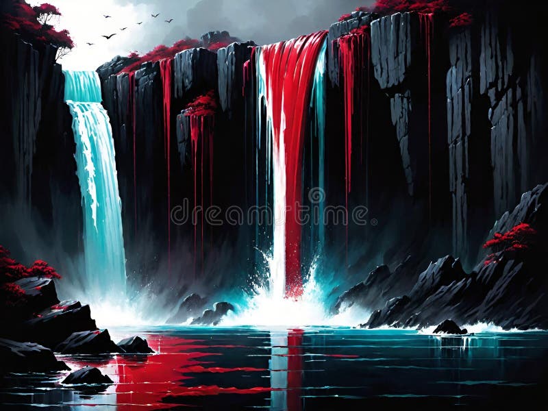 Red and Black Waterfall with Mountains Stock Illustration ...
