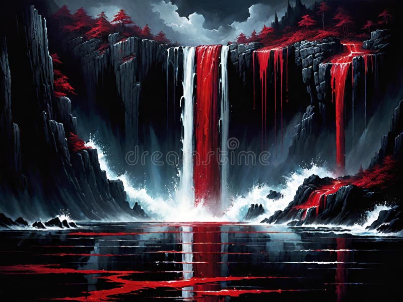 Red and Black Waterfall with Mountains Stock Illustration ...