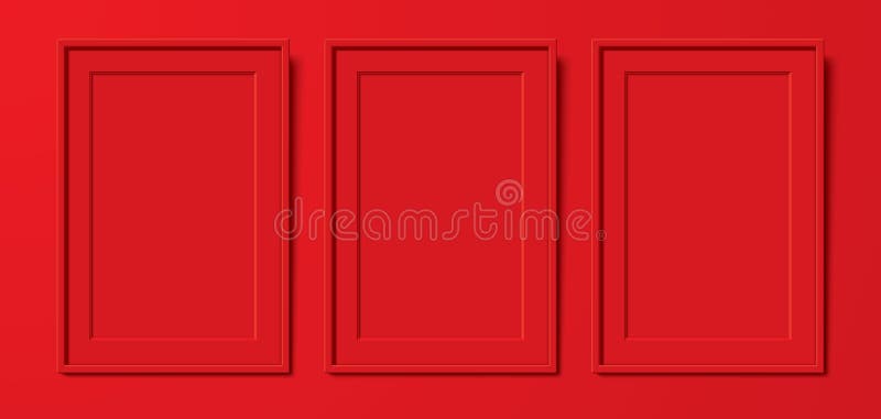 3 Red Blank Poster Frames Hanging on the Wall Background, Vector Mockup ...