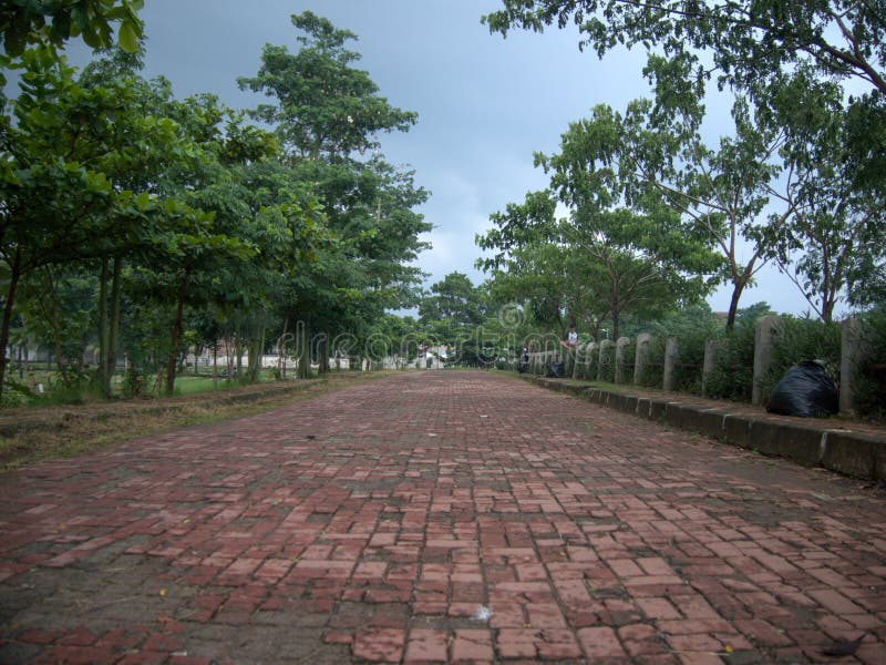 Red Blocks Garden Road and Beautiful Trees Stock Photo - Image of trees ...
