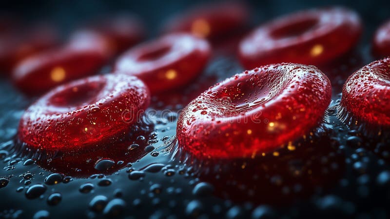 Red Blood Cells Suspended in Liquid with Water Droplets Creating a ...
