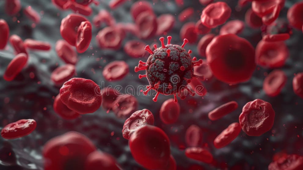 Red Blood Cells and Virus-like Particles Float in a Dark, Microscopic ...