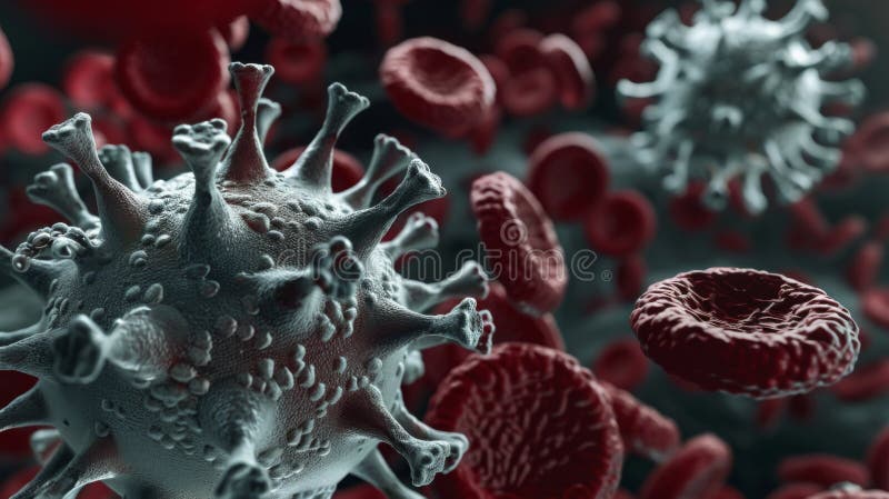 Red Blood Cells and Virus-like Particles Float in a Dark, Microscopic ...