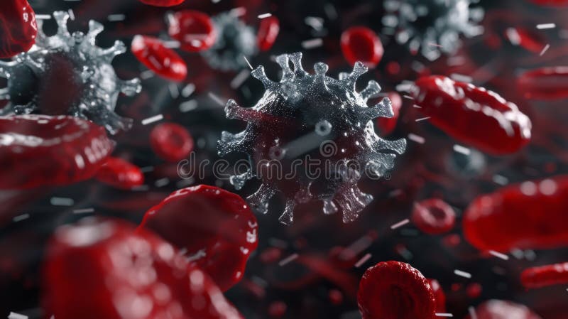Red Blood Cells and Virus-like Particles Float in a Dark, Microscopic ...