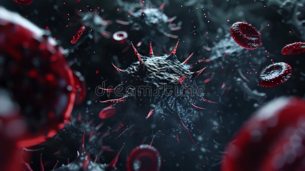 Red Blood Cells and Virus-like Particles Float in a Dark, Microscopic ...