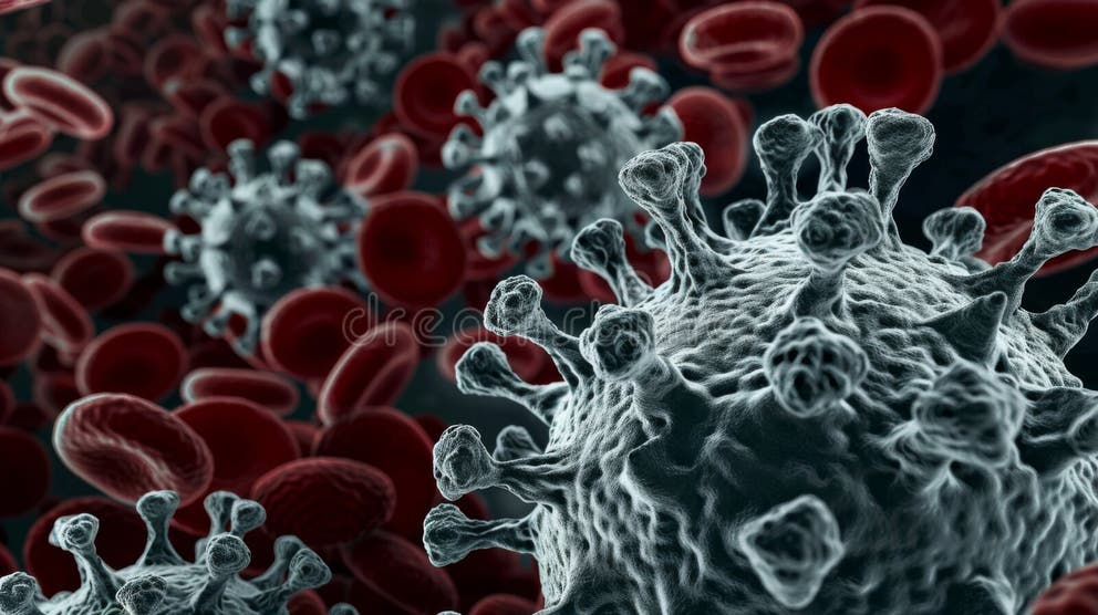 Red Blood Cells and Virus-like Particles Float in a Dark, Microscopic ...