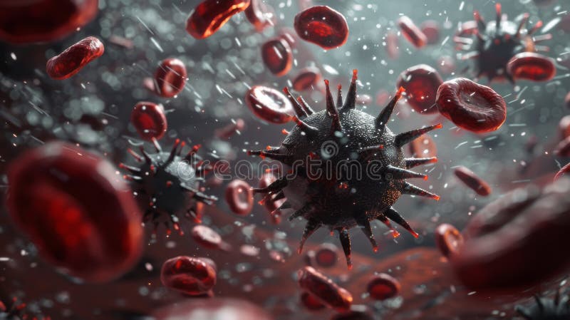 Red Blood Cells and Virus-like Particles Float in a Dark, Microscopic ...