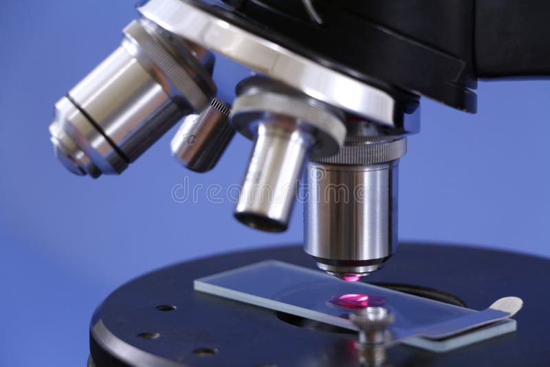 Red Blood Drop Under Objective on Slide of Old Microscope Stock Photo ...