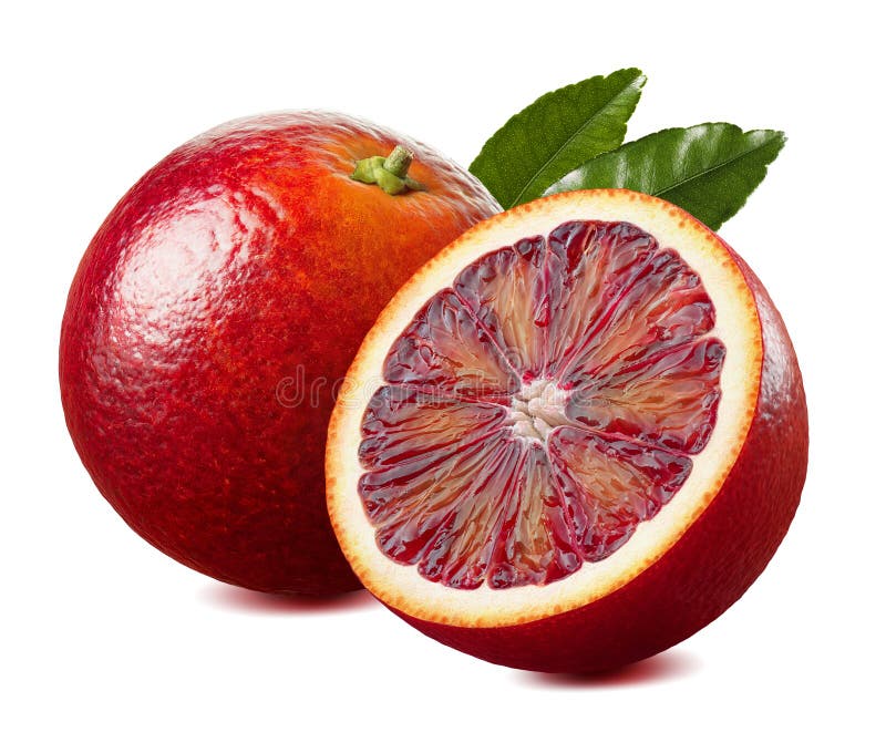 Red Blood Orange and Half with Leaf Isolated on White Background Stock ...