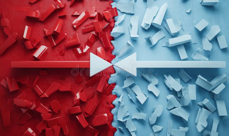 Red and Blue Abstract Split with Shattered Pieces Representing Conflict ...
