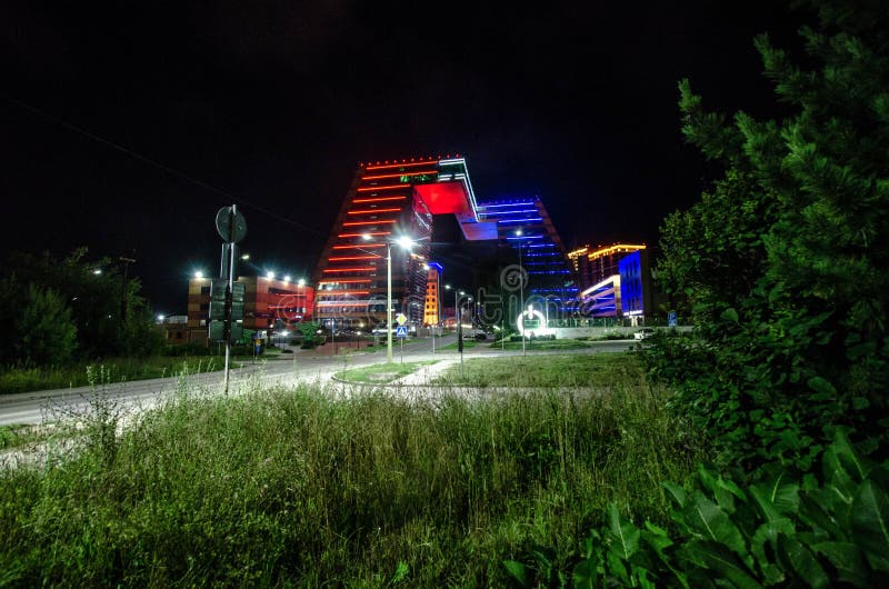 Colorful Unusual Building in the Night Stock Photo - Image of ...