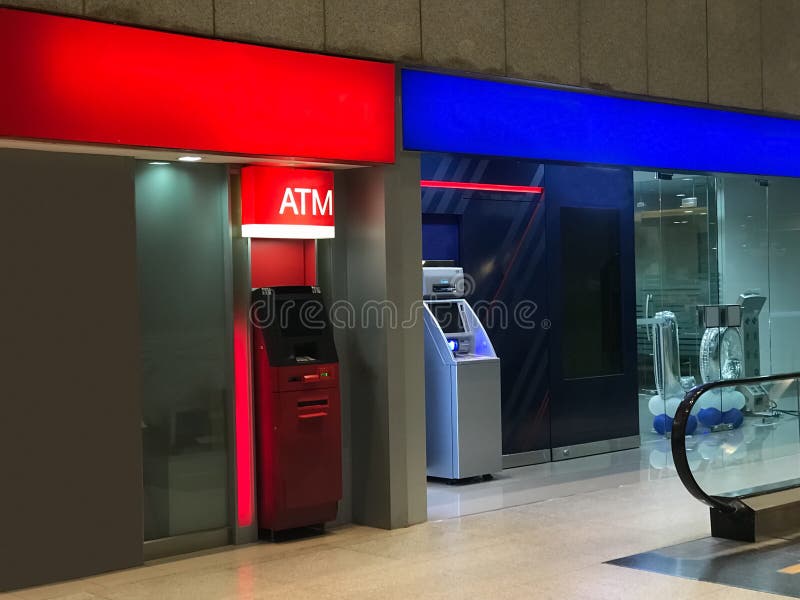 Red and Blue ATM Station Opposite Bank Stock Image - Image of card ...