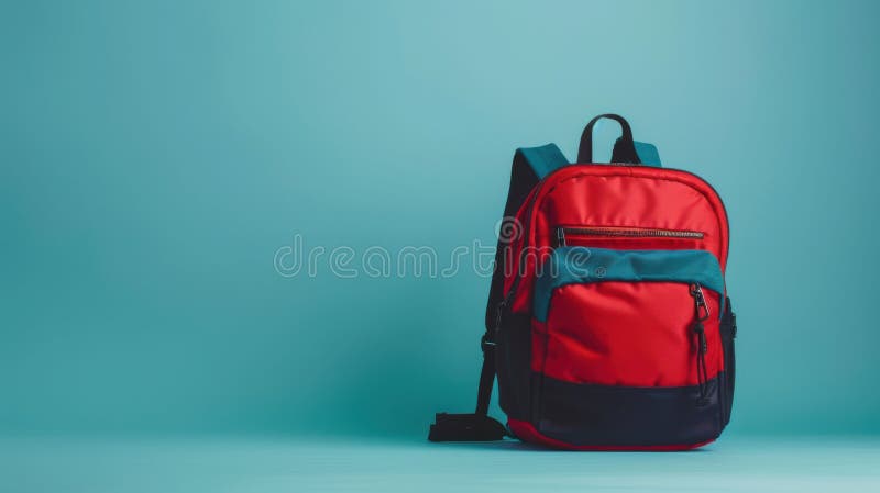 Red and Blue Backpack Against a Turquoise Background, Representing Back ...