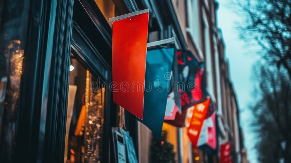 Red and Blue Banners Hanging Outside a Storefront Stock Illustration ...
