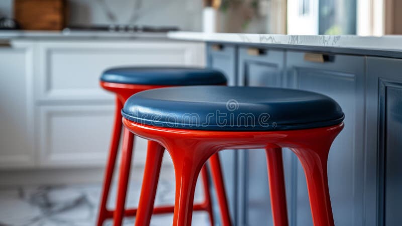 Red and Blue Bar Stools at a Kitchen Counter in a Modern Home. Stock ...