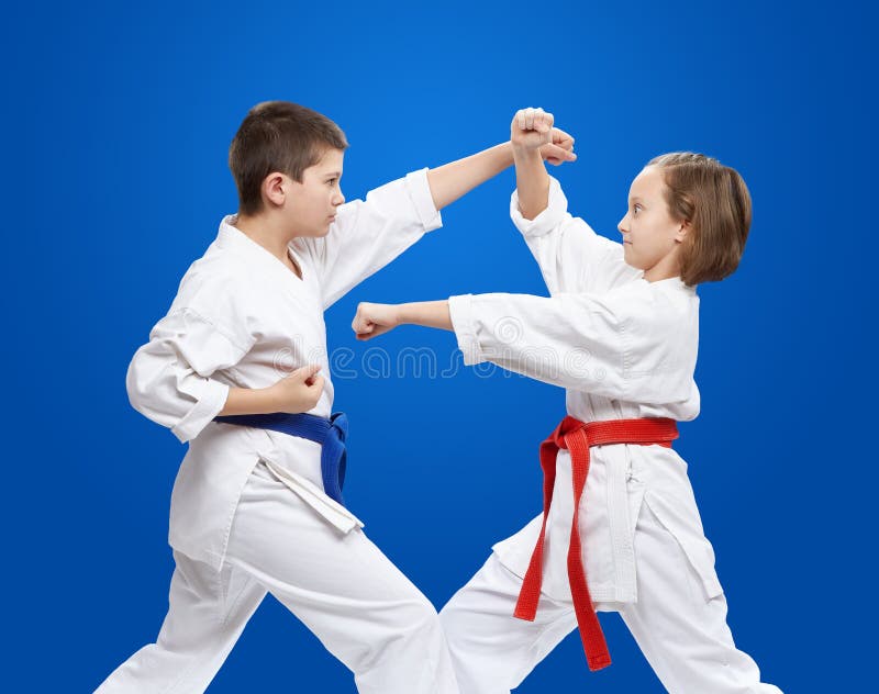With Red and Blue Belt Athletes Train Kicks and Blocks Karate Stock ...