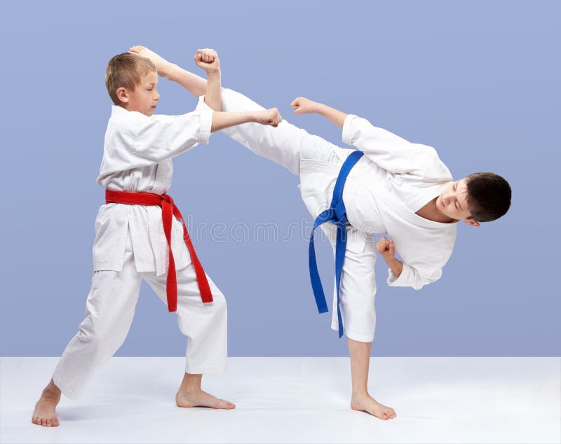 With Red and Blue Belt Boys are Training Strikes and Blocks Stock Photo ...