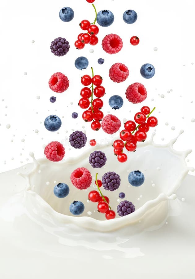 Red and Blue Berries Falling into Milk Splash Stock Illustration ...
