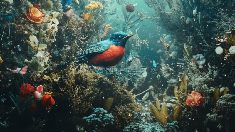 Red and Blue Bird in a Vibrant Underwater Coral Reef Stock Illustration ...