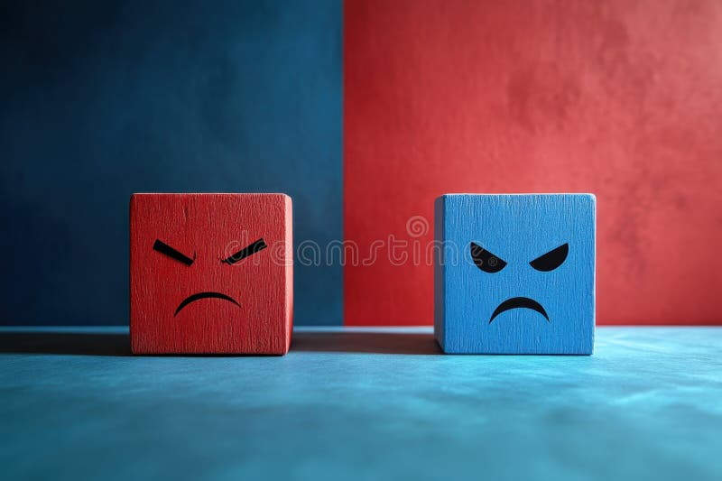 Two Blocks with Angry Faces Positioned on Contrasting Blue and Red ...
