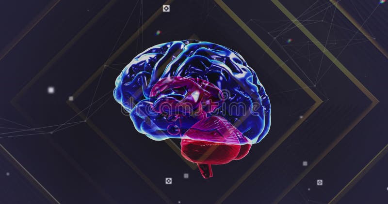 Red and Blue Brain Rotating Over Processing Data and Gold Lines on ...