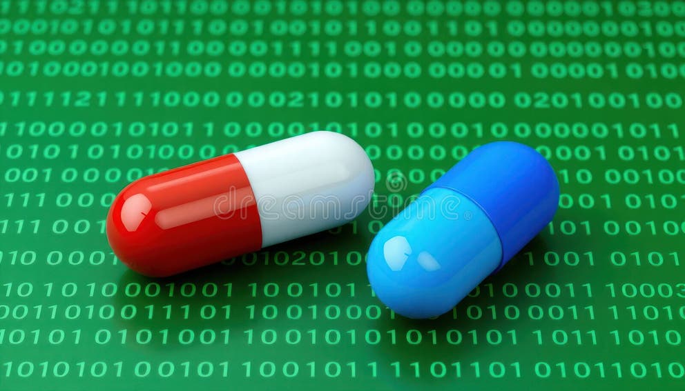 Red, Blue Capsules on Green Binary Code Background. Digital Health Tech ...