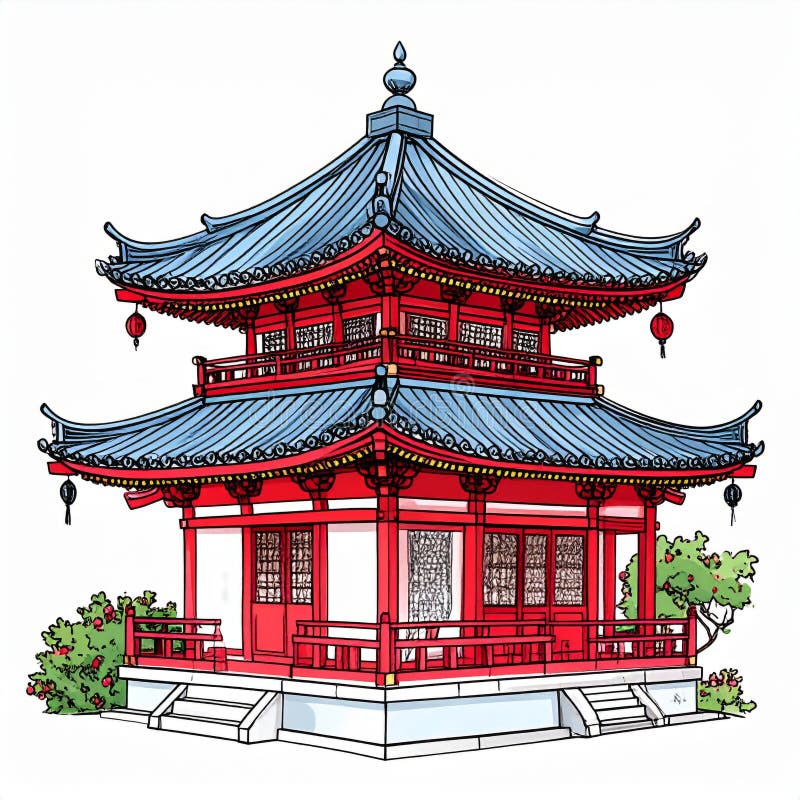 Red and Blue Chinese Pavilion Illustration Stock Image - Illustration ...