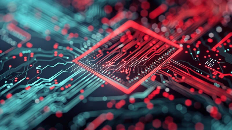 Red and Blue Circuit Board Technology Close-Up with Digital Patterns ...