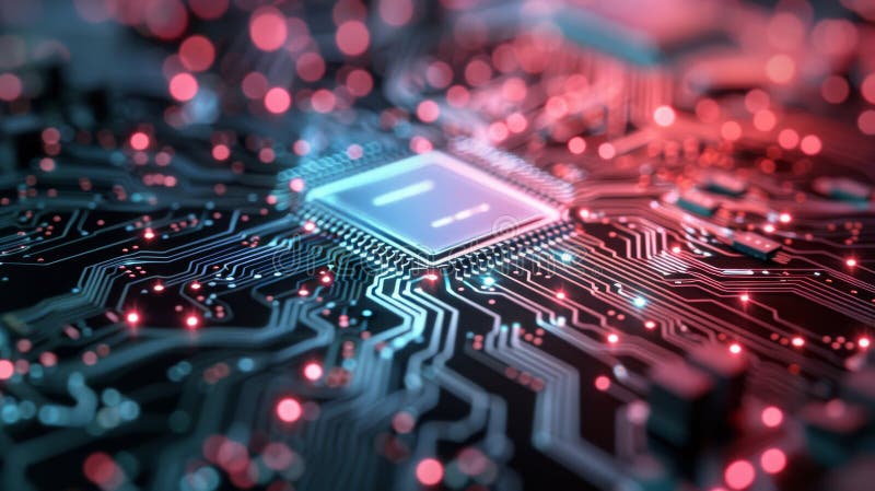 Red and Blue Circuit Board Technology Close-Up with Digital Patterns ...