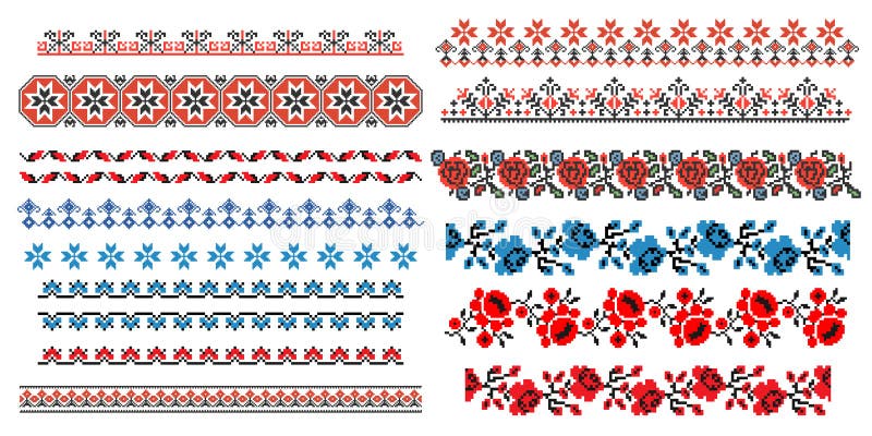 Red and Blue Colors Ukrainian Ornaments,patterns,borders in Pixel Style ...