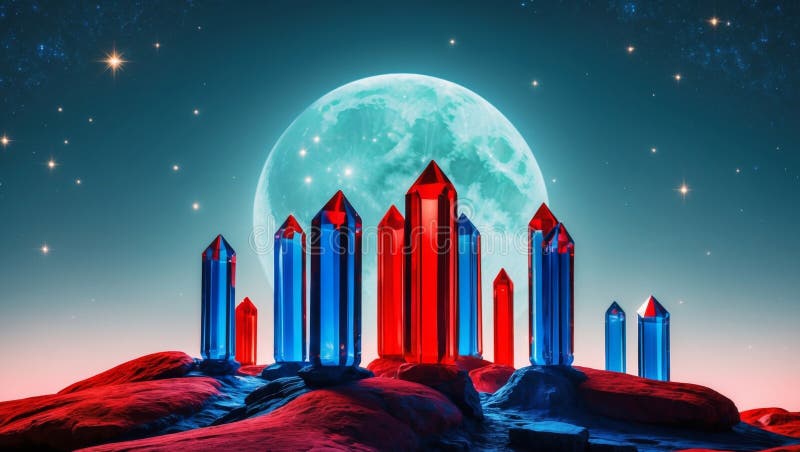 Red and Blue Crystal Pillars Under a Teal Moon in a Starry Sky. Stock ...