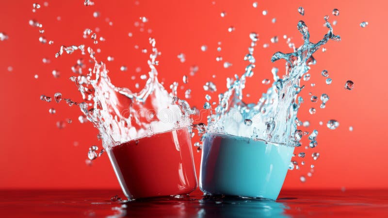 Red and Blue Cups Splashing Water on Red Background Stock Illustration ...