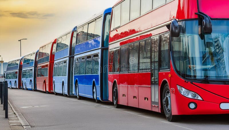 Red Blue Double Decker Buses are Parked at the Bus Stop Close-up Stock ...