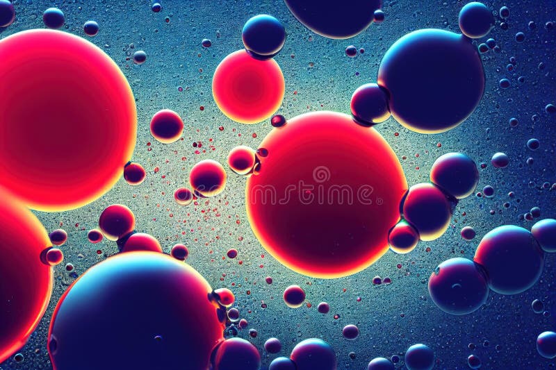 Red and Blue Droplets of Molecule Closeup and Atoms Highlighted Biology ...
