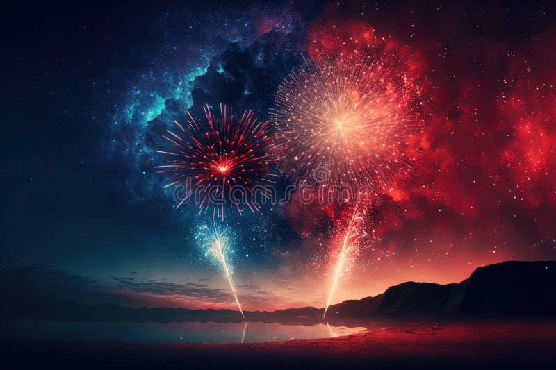 Red and Blue Fireworks with a Milky Way Background in the Distance ...