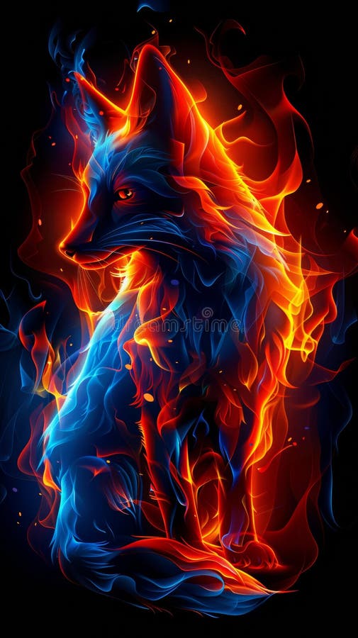 A Red and Blue Fox Sitting in the Dark, a Magical Creature Made of Fire ...